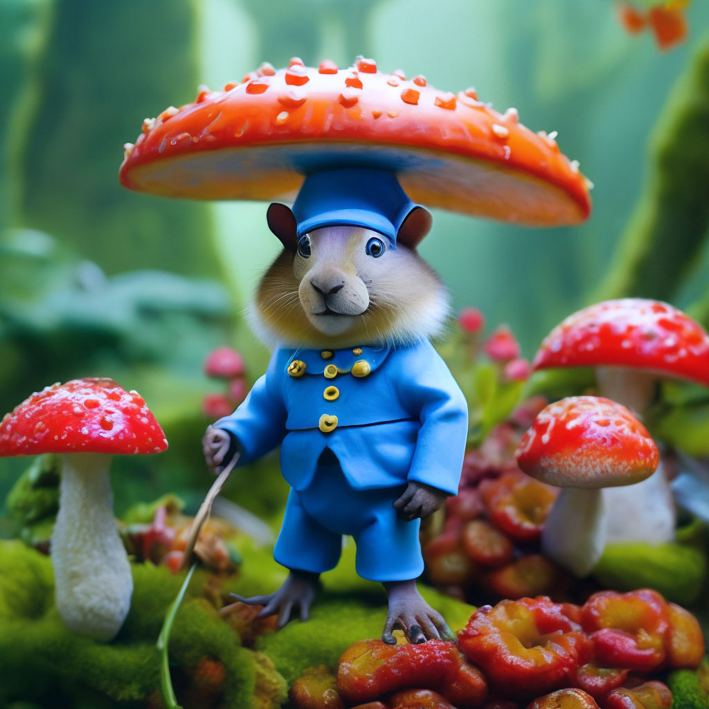 "Smurfs + capybara +fly agaric" — image created in Shedevrum