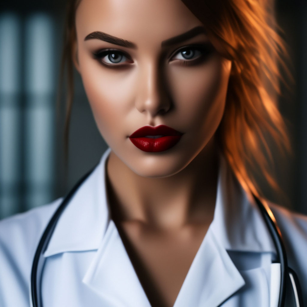 "Beautiful nurse girl, gloss, aggressive makeup, model appearance ...