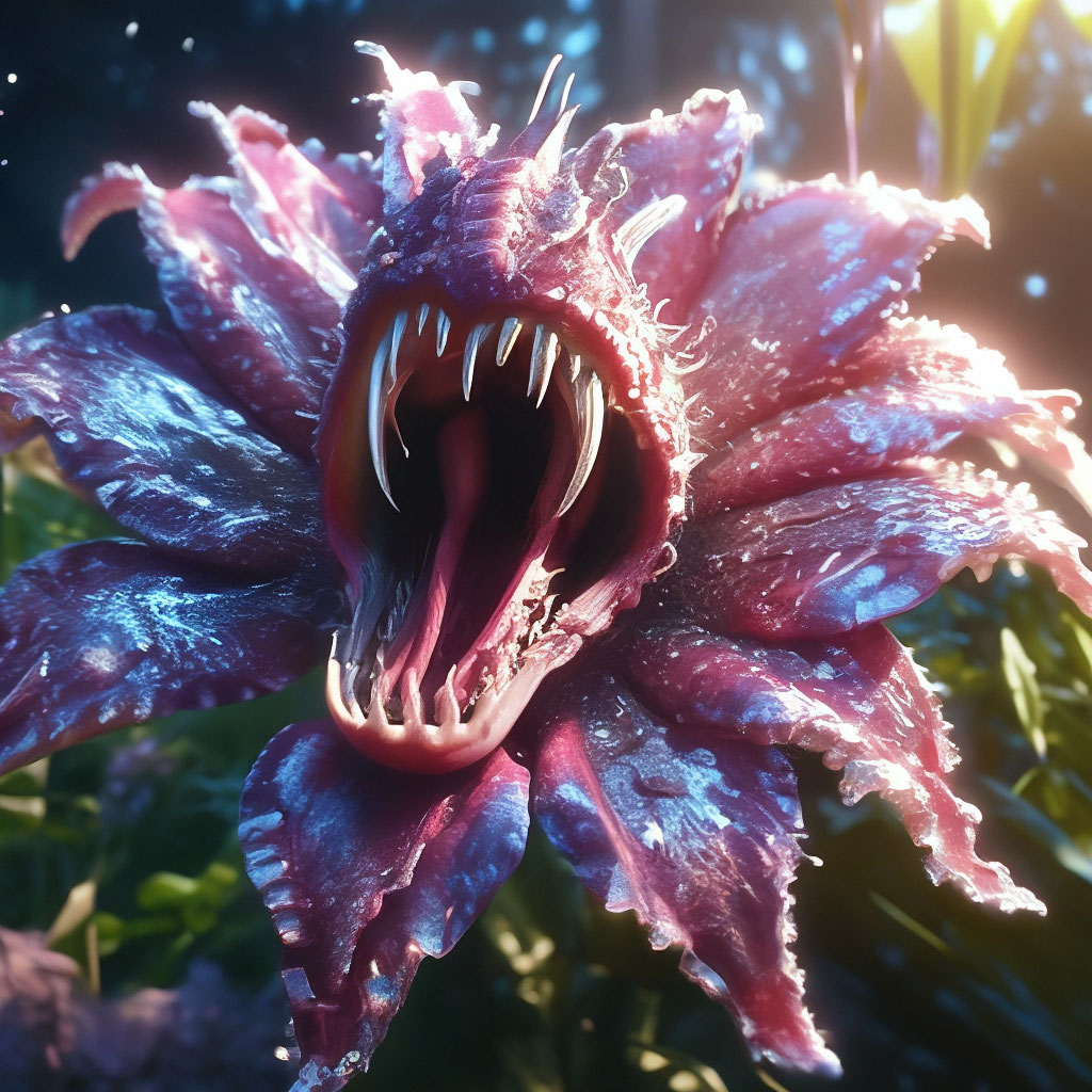 "Predatory giant flower with a mouth of high detail, soft light ...