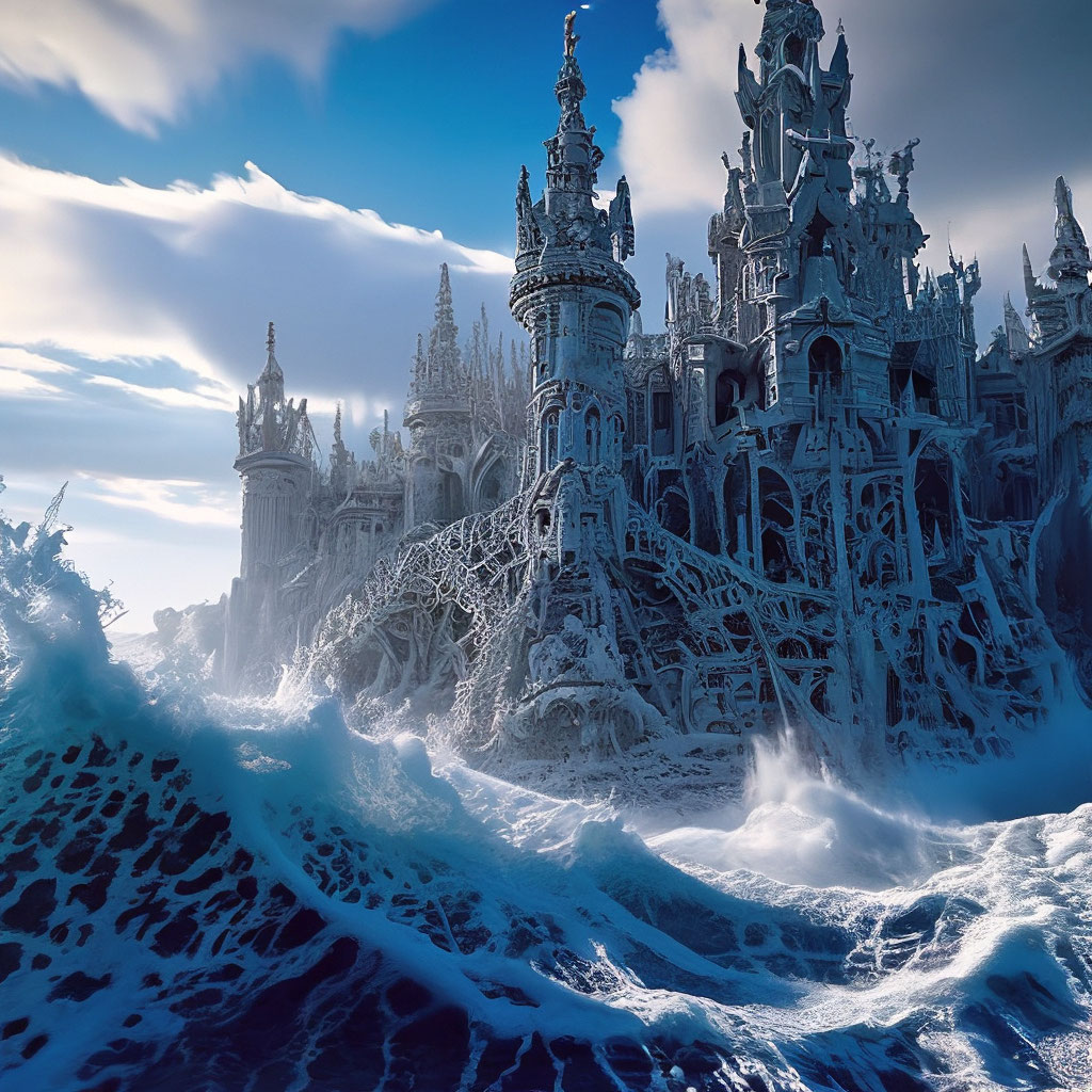 "Filigree, magic fairy castle of the fractal of the blue ocean, around ...