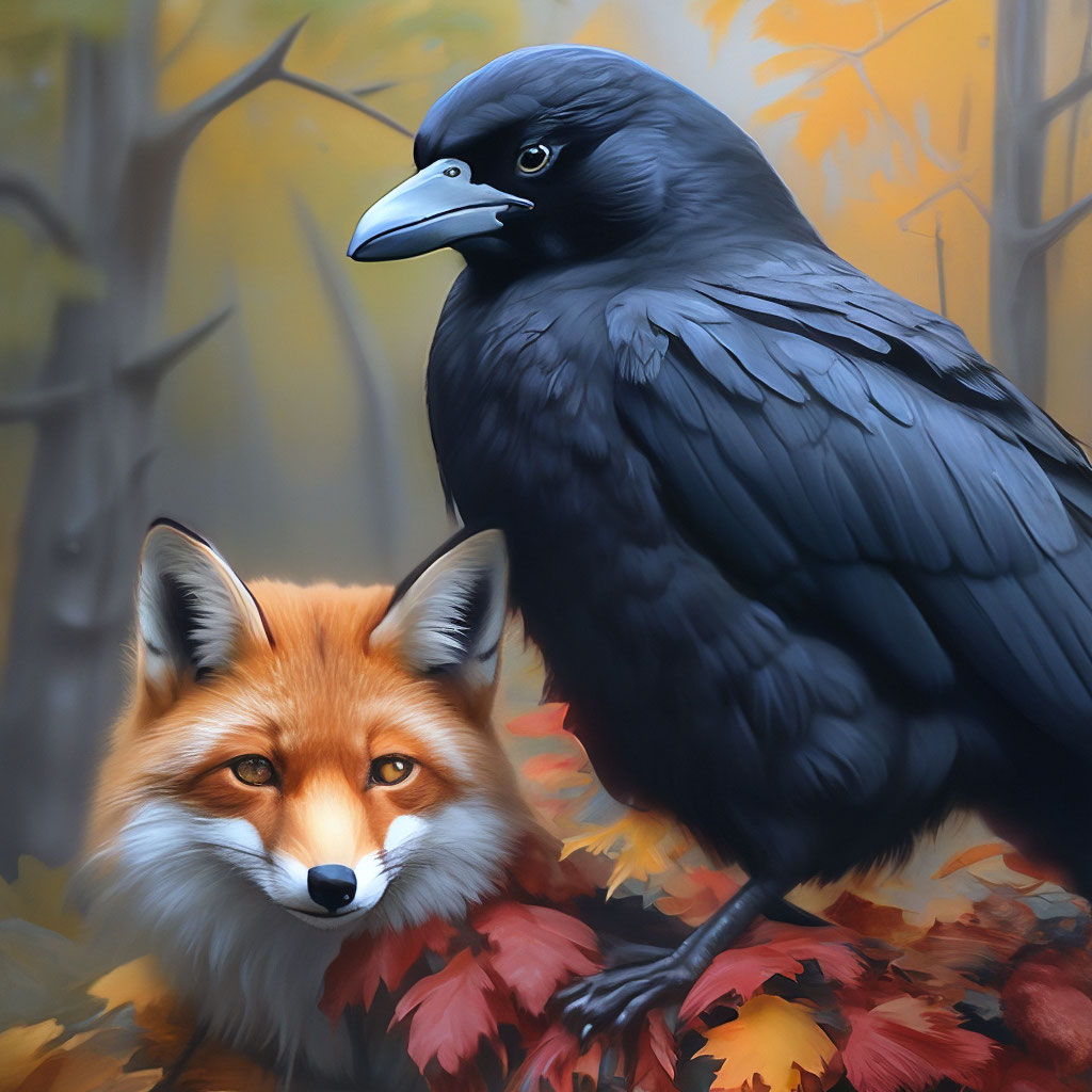 "Crow and fox , professional photo, realistic, high detail" — image ...