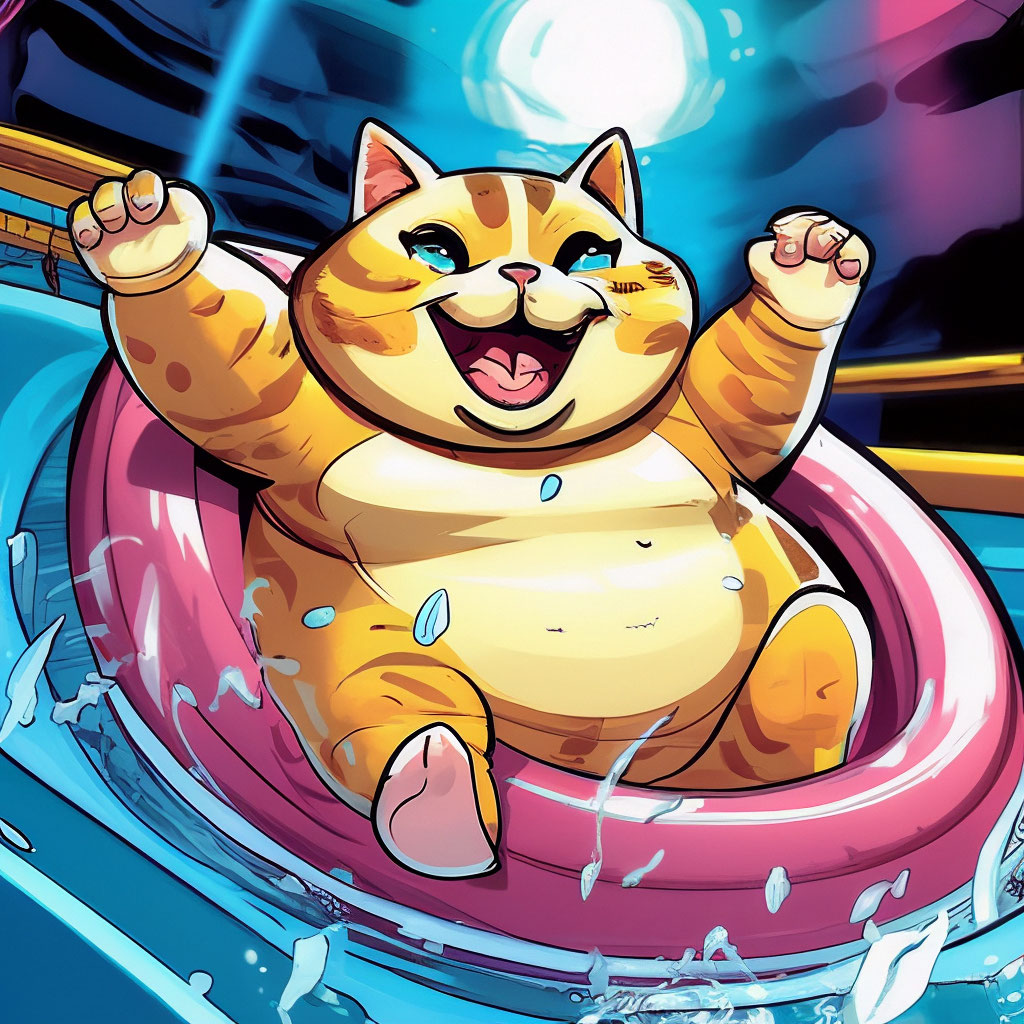 "Happy fat cat rides a water slide" — image created in Shedevrum