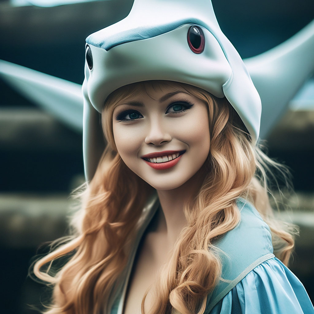 "💥cosplay💥, retro girl, hippie style, shark costume, smile, cinematic ...
