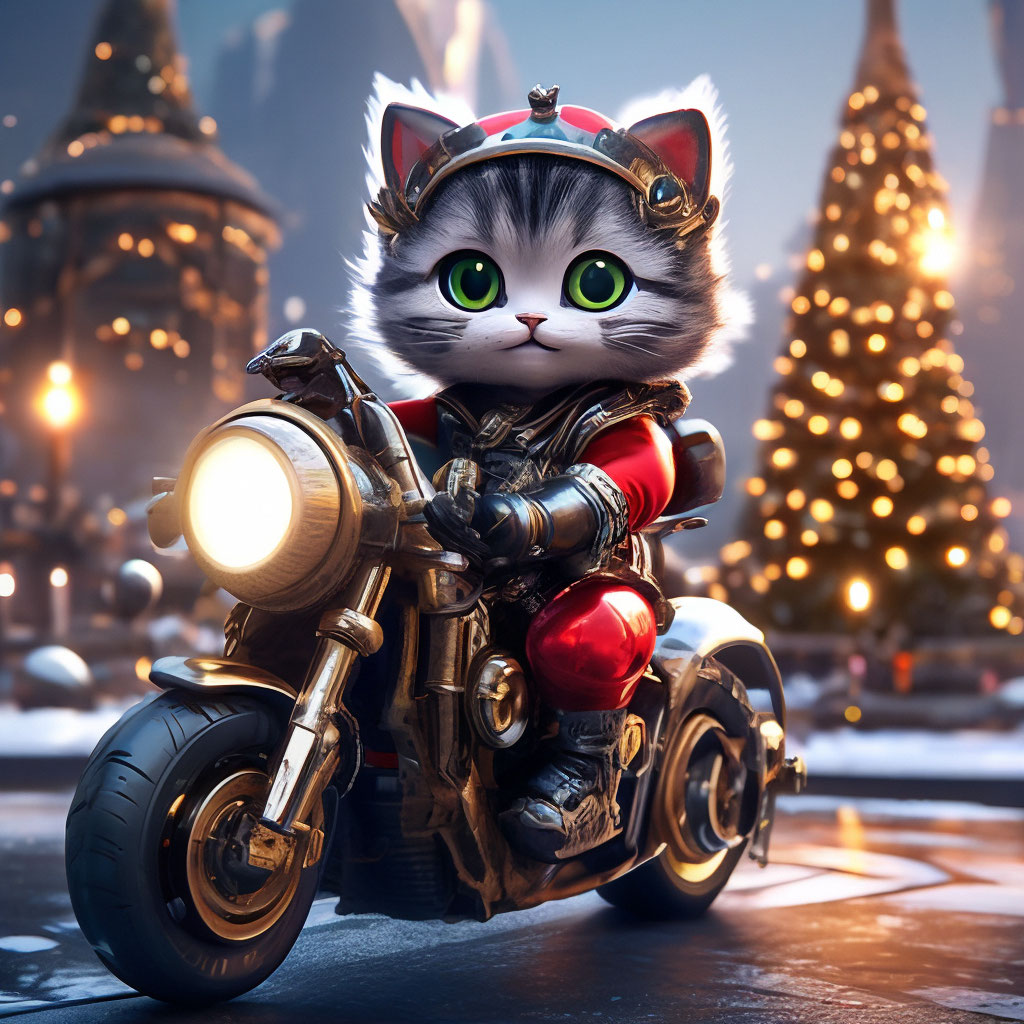 "On an epic red motorcycle, a very bug-eyed super cute fluffy black ...