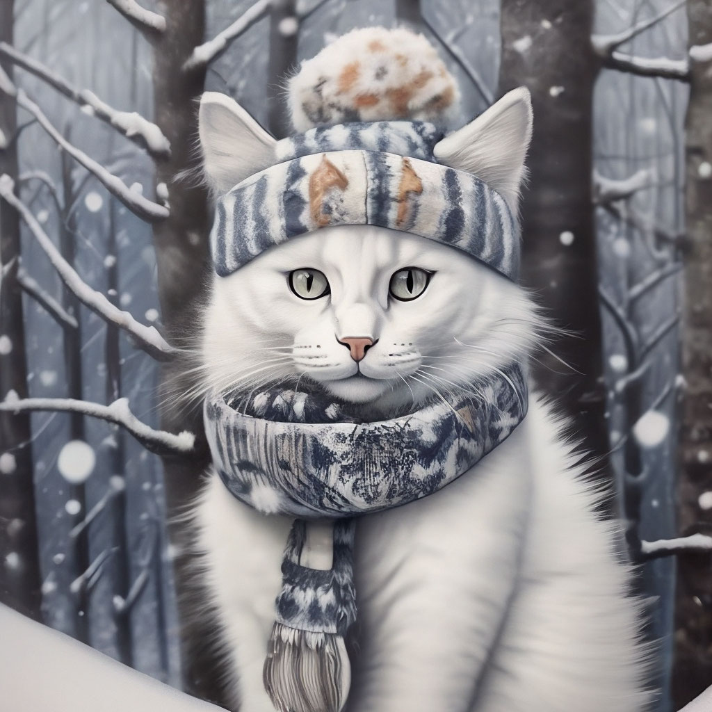 "Winter white cat.a cap. a scarf. on the paws are felt boots. winter ...