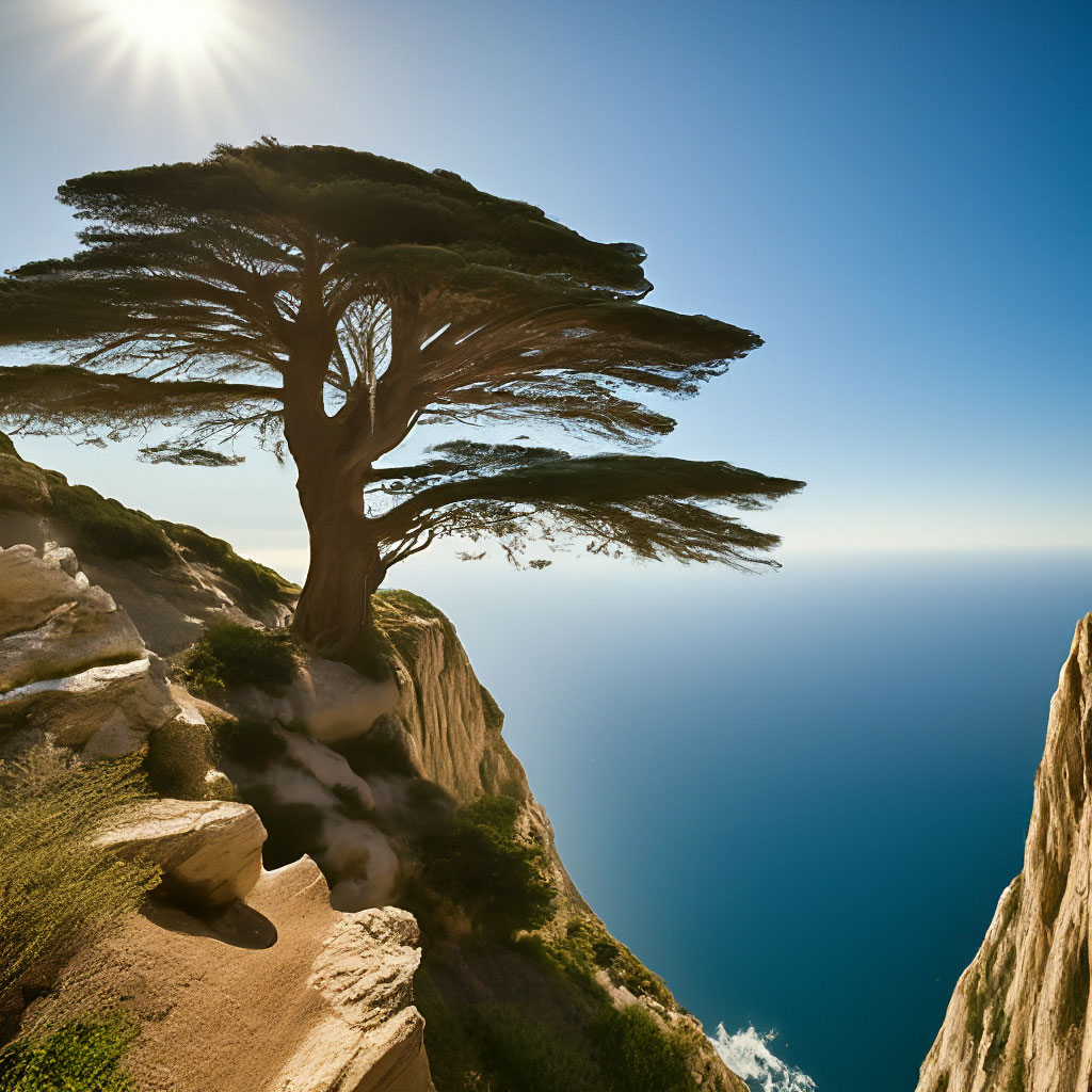 "Lebanese cedar on the cliff above the cliff. megarealistic photo, mega ...
