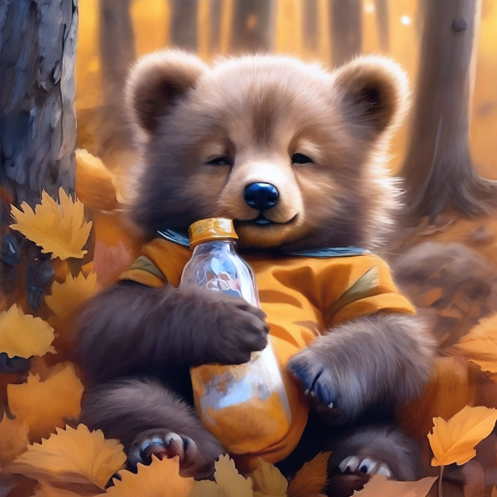"Cute little very fluffy bear cub, sleeping with a bottle of milk in ...
