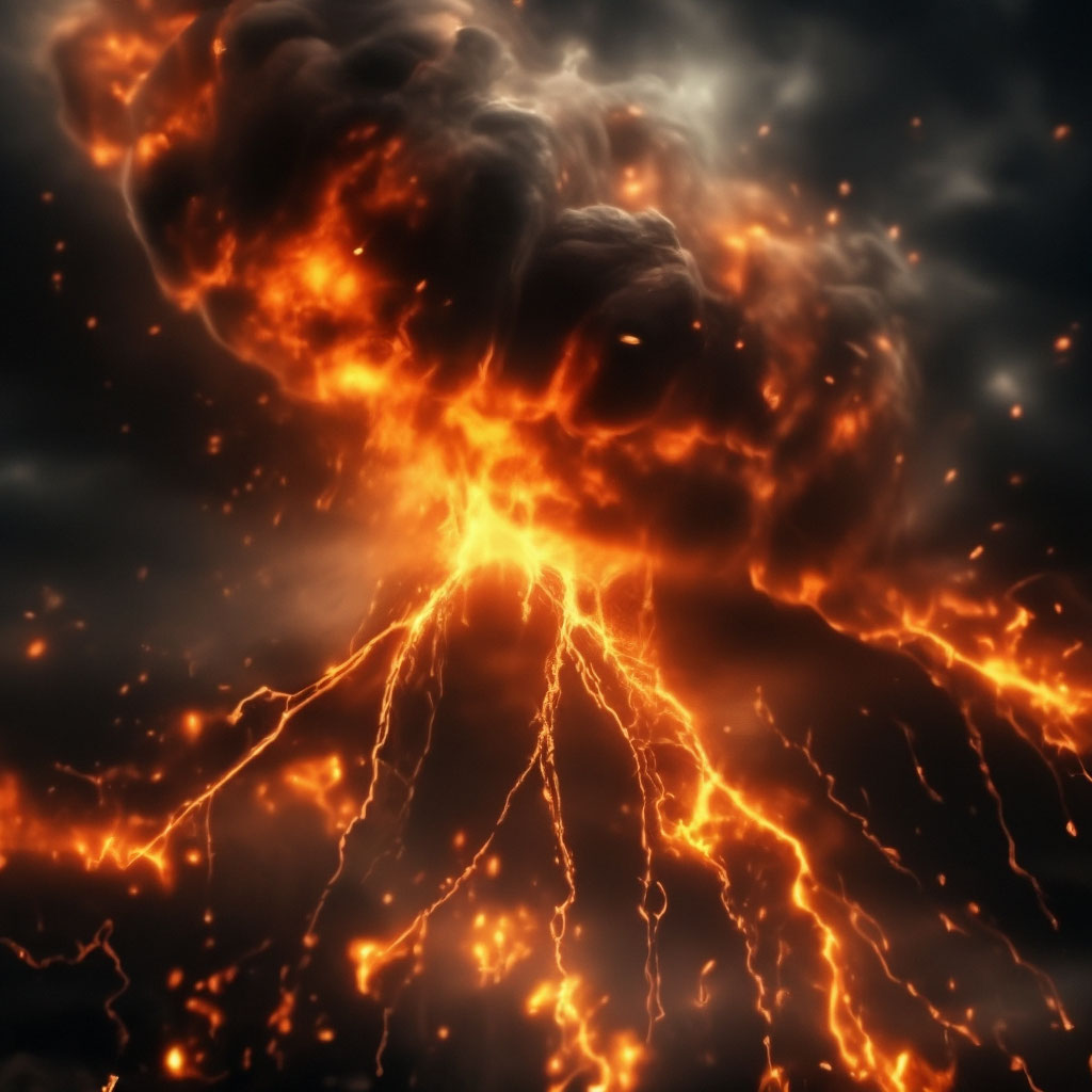 "Fire rain in rainy weather, lightning, thunder, realism" — image ...