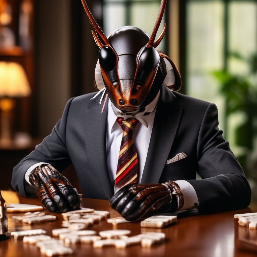 "Anthropomorphic cockroaches in business suits and tie play dominoes ...