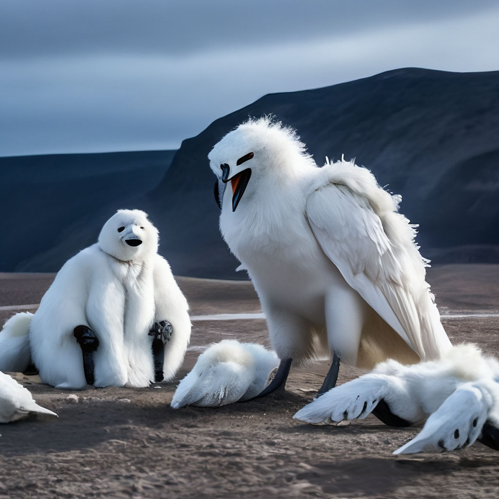 "A giant white human-like mutant bird covered with a huge amount of fur ...