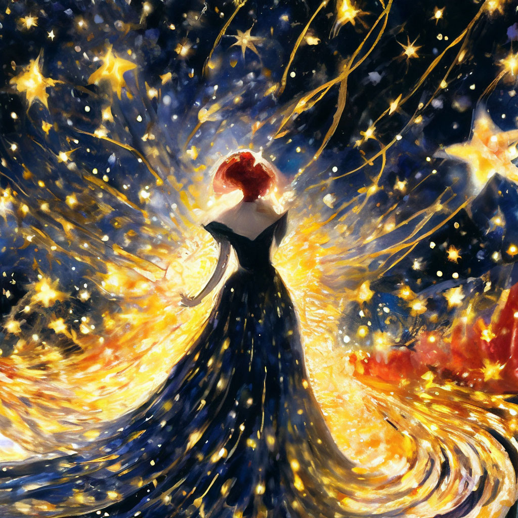 "Fairy tale, radiance, star sparks, black, gold, red, drawing ...