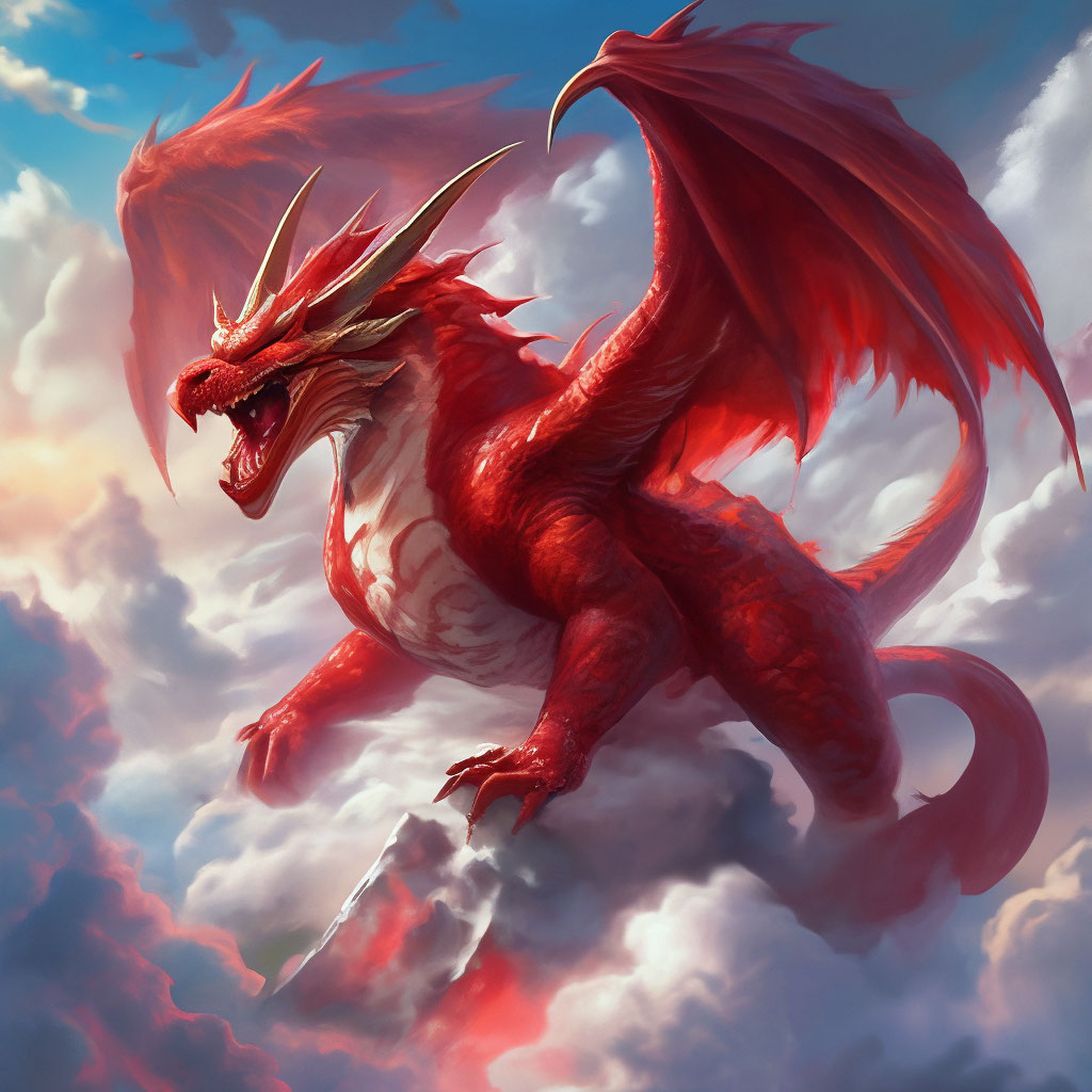 "A kind red dragon roaring in the clouds" — image created in Shedevrum