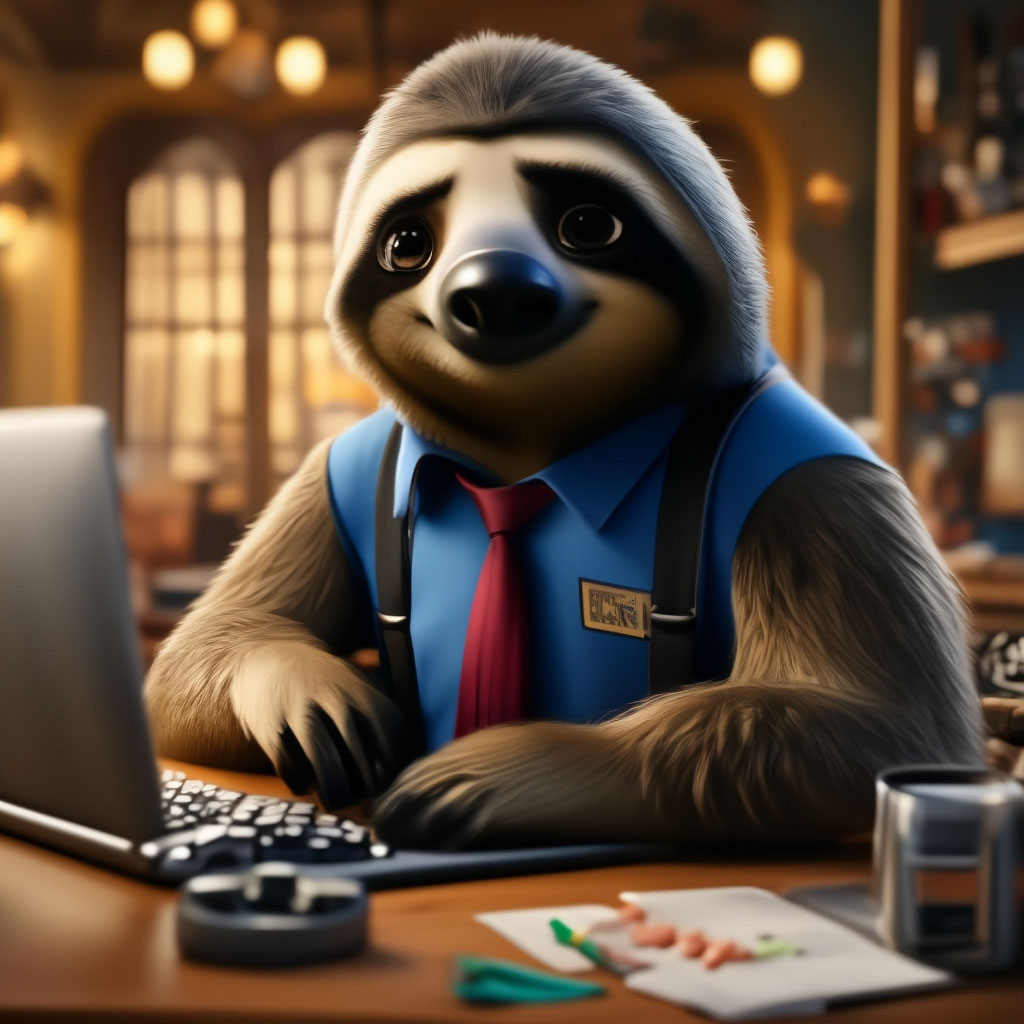 "Sloth Blitz from Zveropolis at Work, Disney style" — image created in ...