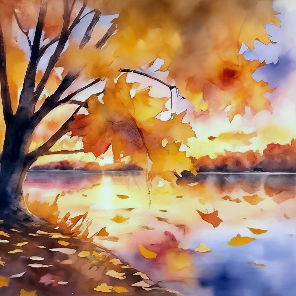 "⚜️ watercolor drawing watercolor a large tree with maple leaves ...