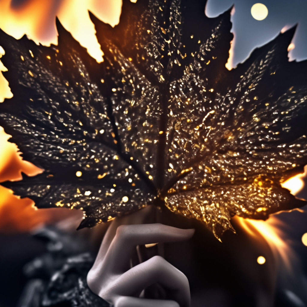 "A woman glitter on the background of a huge black burning maple leaf ...
