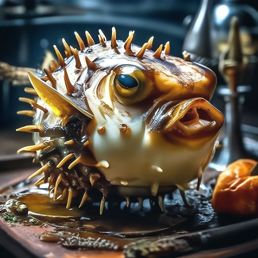 "Clumsily cooked puffer fish, treat your enemies! hyperrealism ...