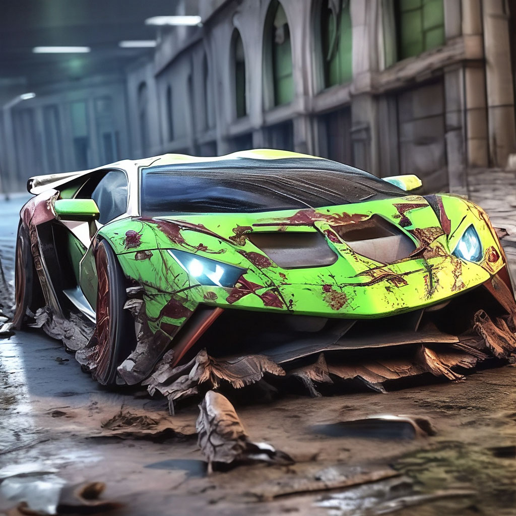 "Lamborghini car looks like a zombie, high detail" — image created in ...