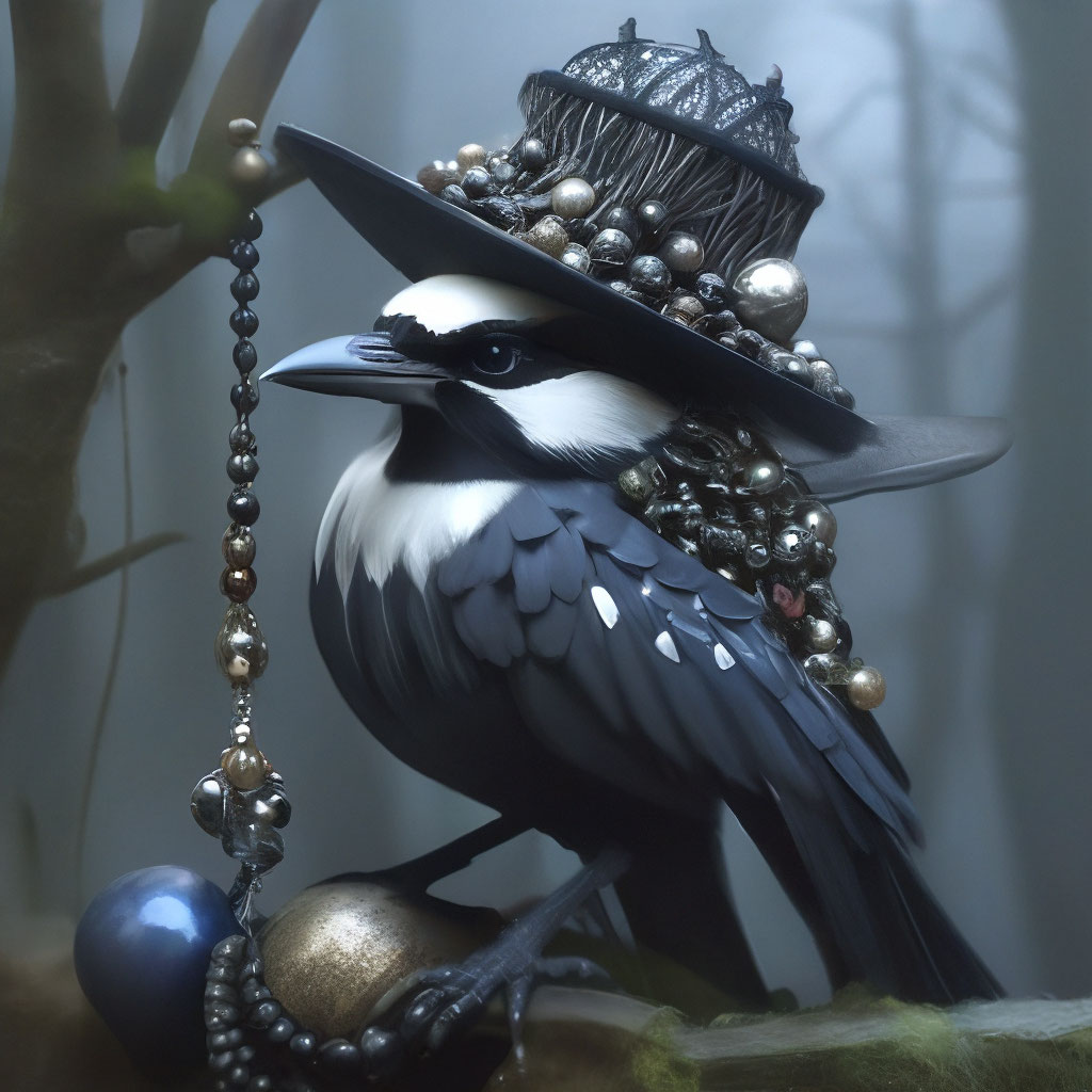 "Magpie in beads and hat,5d fantasy art" — image created in Shedevrum