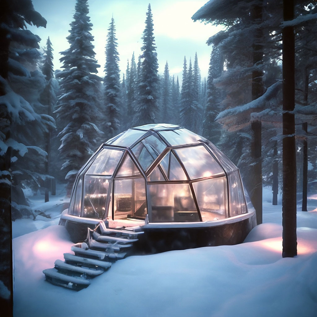 An igloo with transparent walls in a pine forest is realistic" — image ...