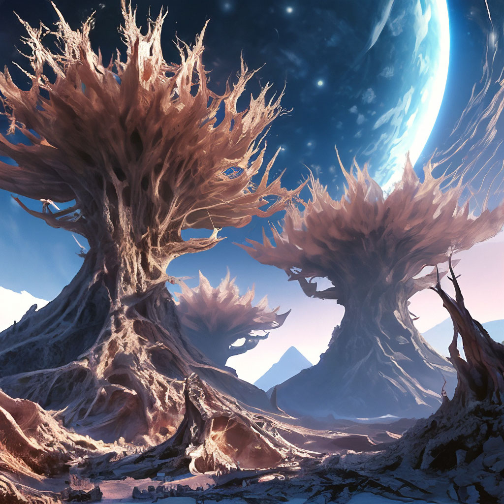 "Alien landscape, giant gnarled trees, bizarre crowns, roots, driftwood ...