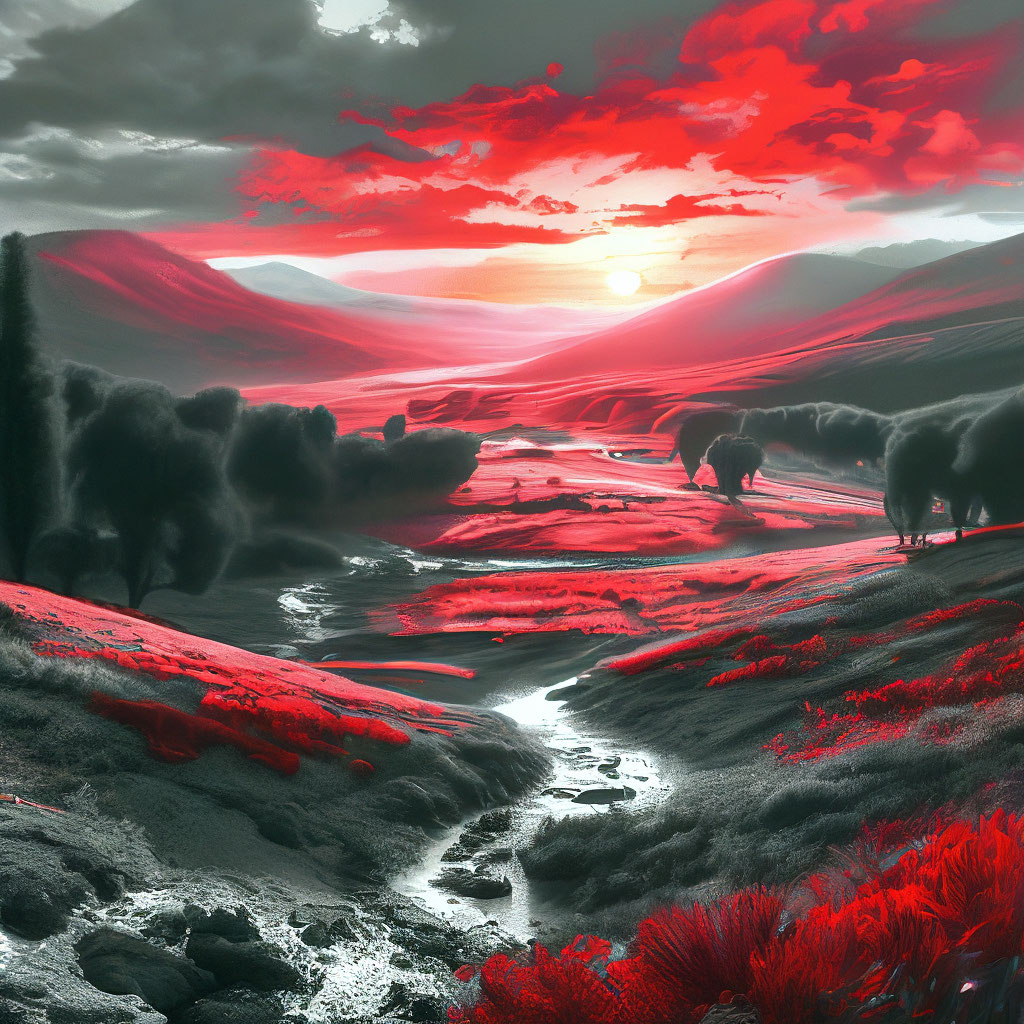 "Atmospheric landscape of crimson twilight in the valley of springs ...