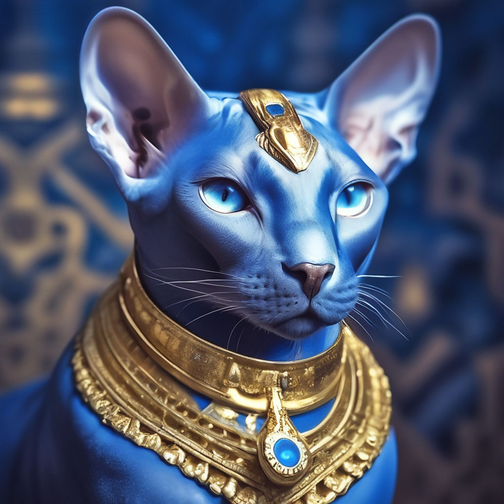 "Blue sphinx in gold jewelry,shoreless cat, egypt, desert, realistic ...