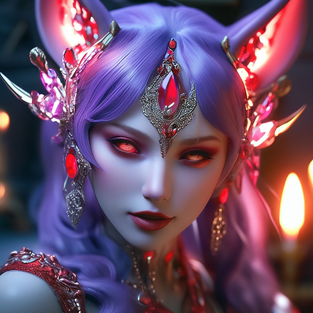 "Amethyst mystical demon+Fox, violet hair, red jewelry, red glowing ...