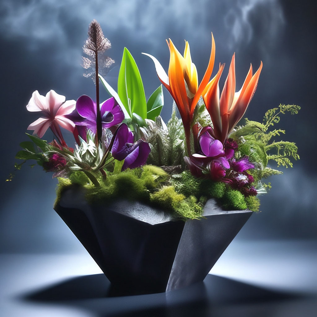 "Composition of exotic flowers in a low wide flowerpot, high detail of ...
