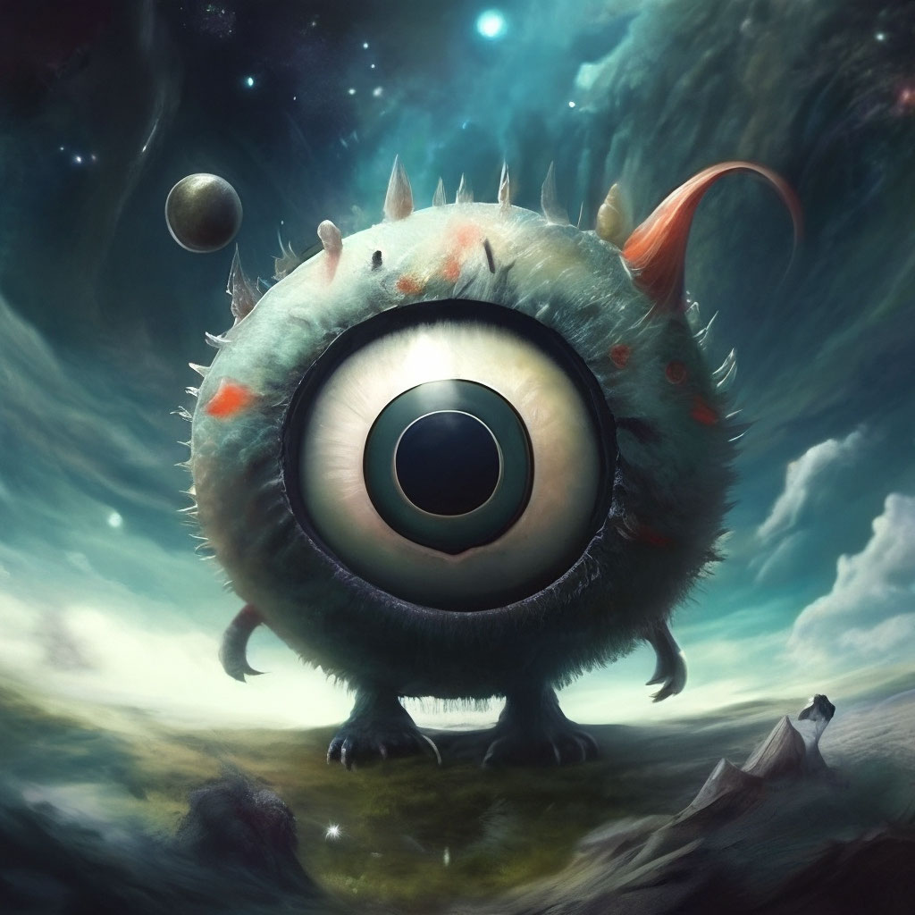 "Cute fairy-tale creature, huge black eye, surrealism, space" — image ...