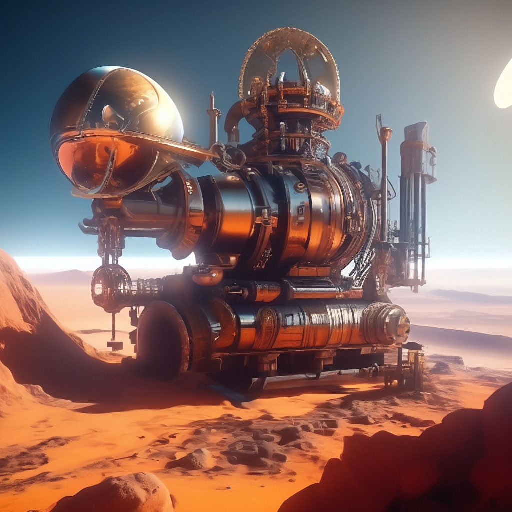 "Atmosphere creation machine, on Mars, steampunk, 8k" — image created ...