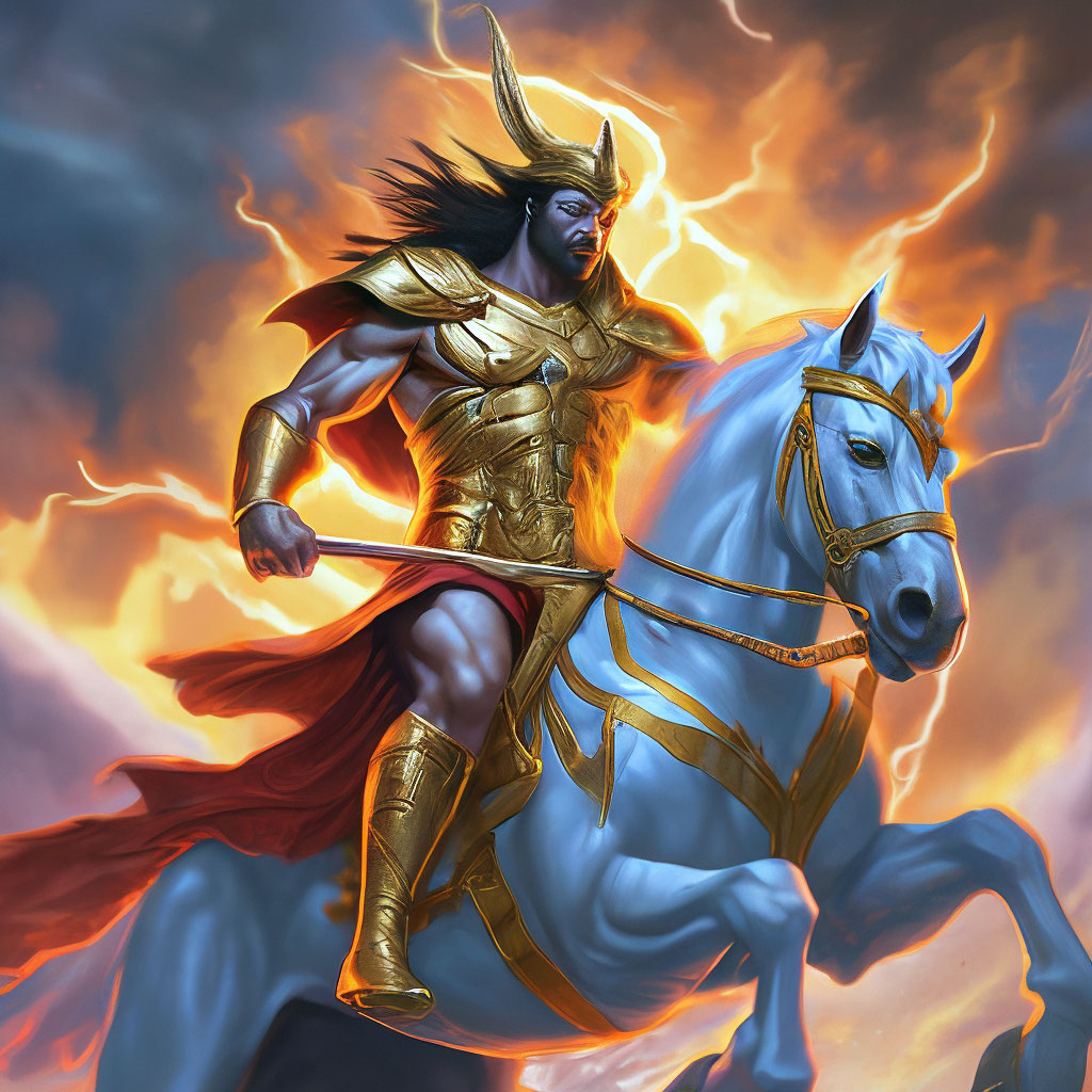 "PERUN as ZEUS the THUNDERER on horseback" — image created in Shedevrum