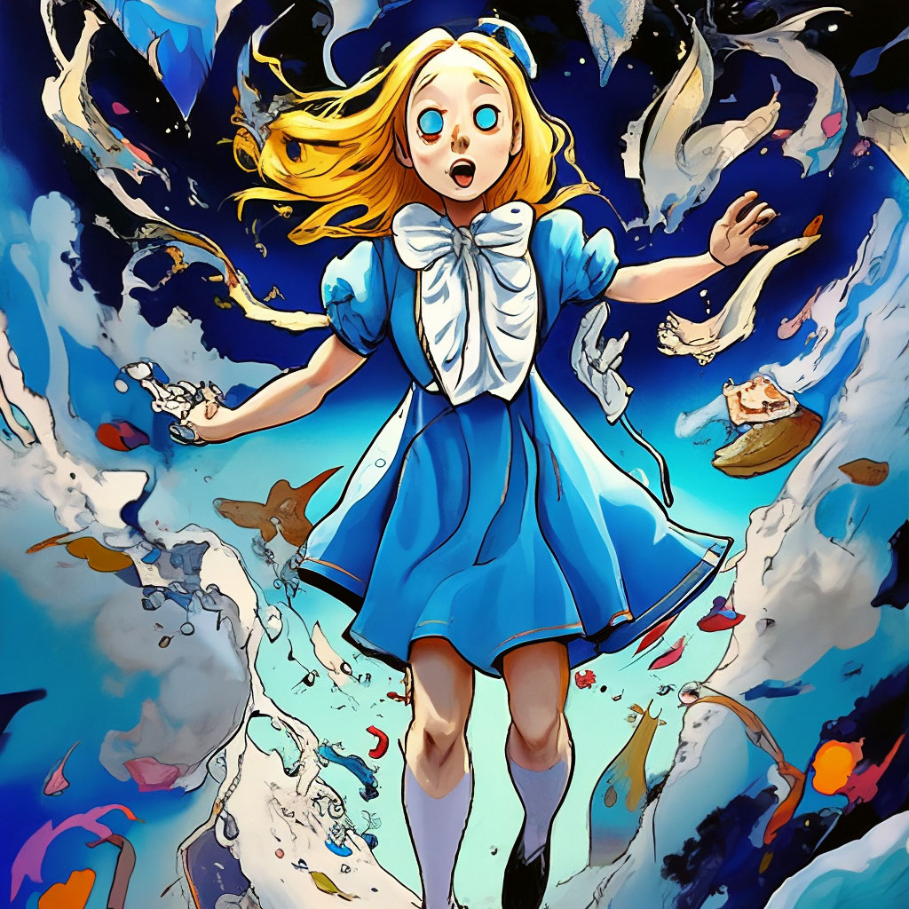 "Alice in Wonderland falls, cute scared face, surrealism, psychedelics ...