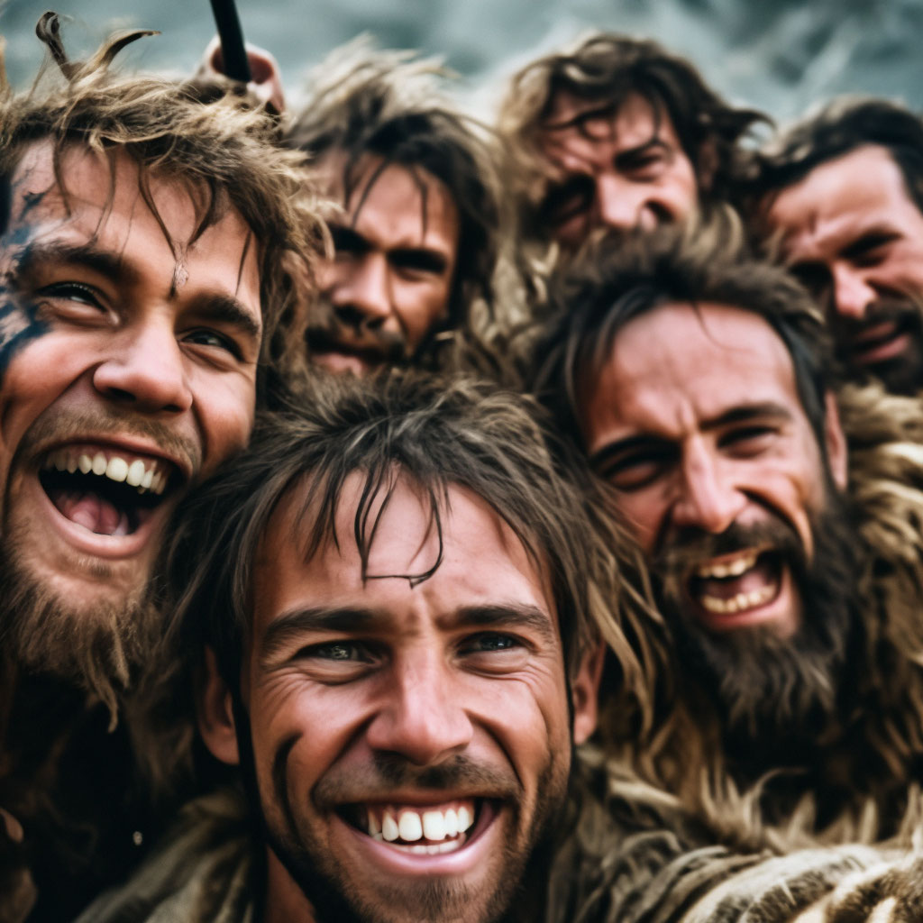 "35mm close-up photo of faces of cavemen taking a group selfie. Image ...
