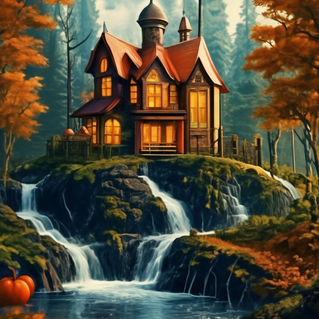 "On the outskirts of the forest there is a large pumpkin house and a ...