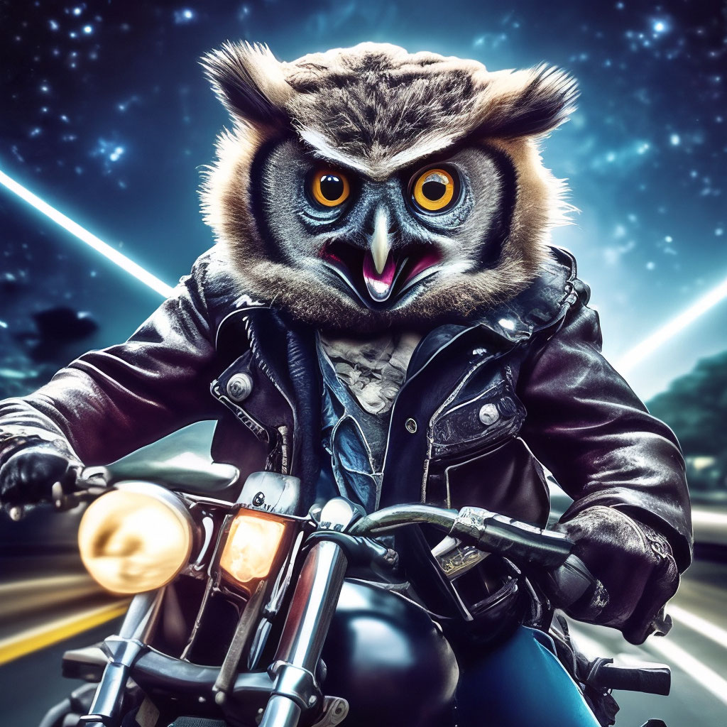 "Detailed anthropomorphic little screaming aggressive biker owl on a ...