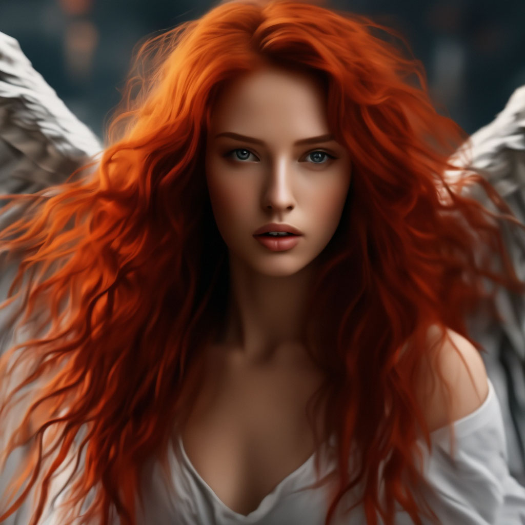 "Angel girl, long bright red hair, realistic photo, detail" — image ...