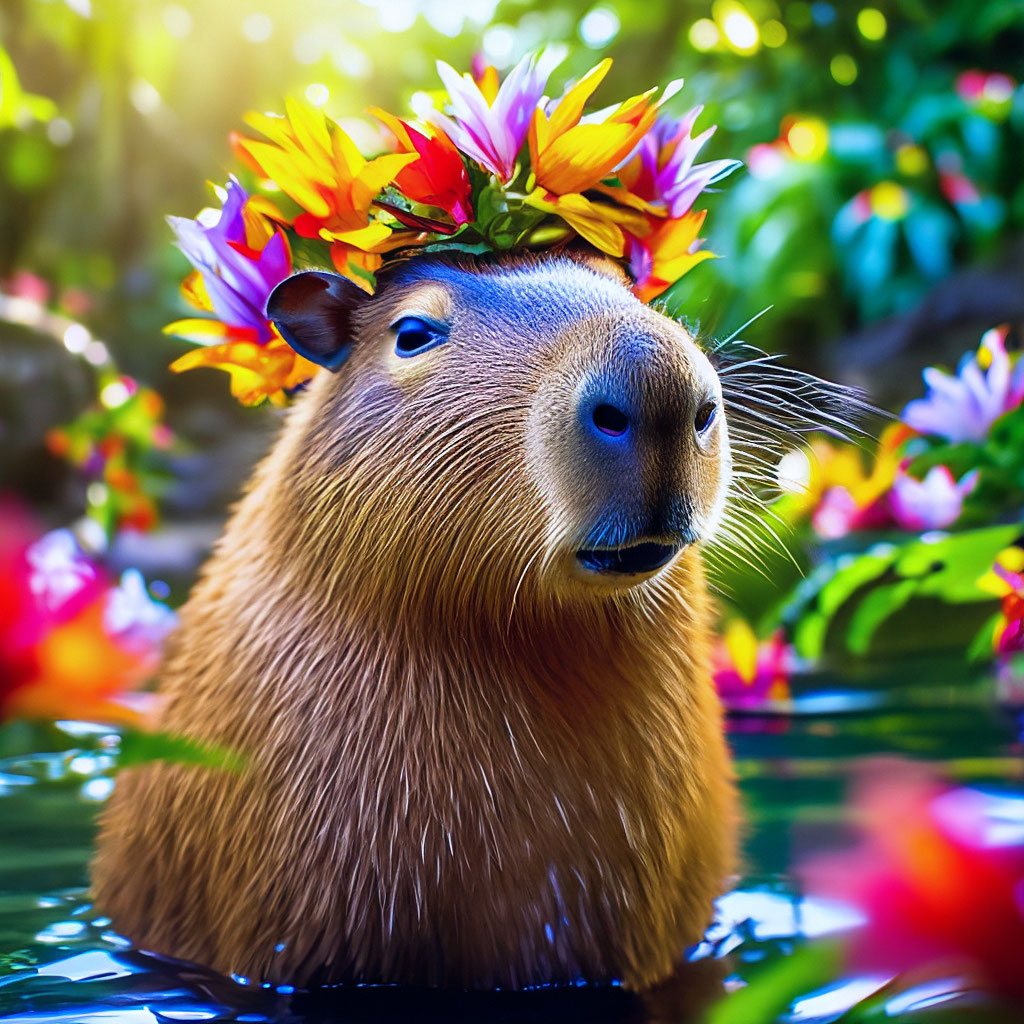 "A capybara in a beautiful garden of paradise, a streamlet flows, the ...