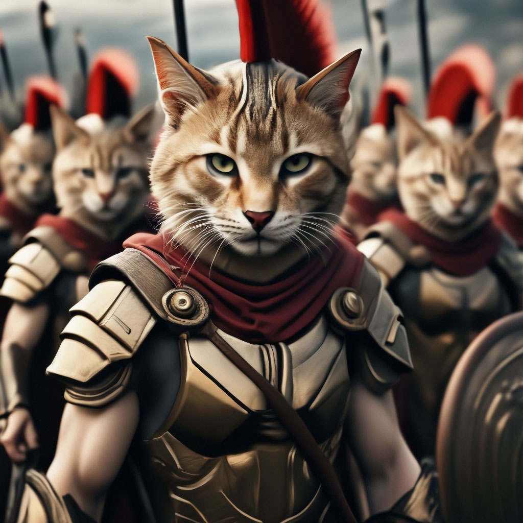 "300 Spartan cats with shields and swords" — image created in Shedevrum