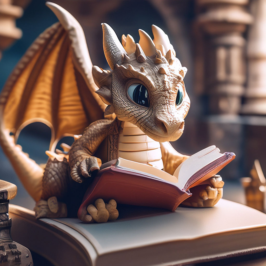 "Little dragon, reading a book, big eyes, , medieval castle ...