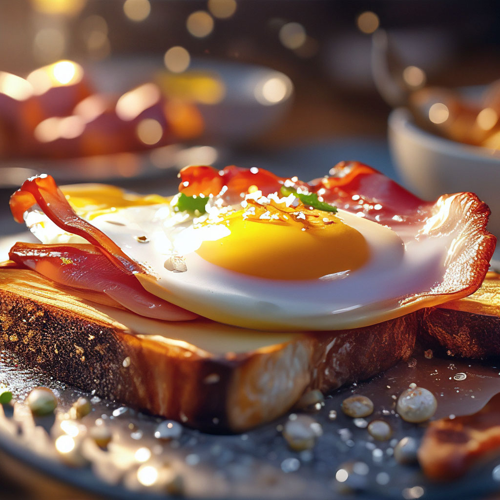 "Bacon fried eggs, toasted bread, fantasy, hyperdetalization, macro ...