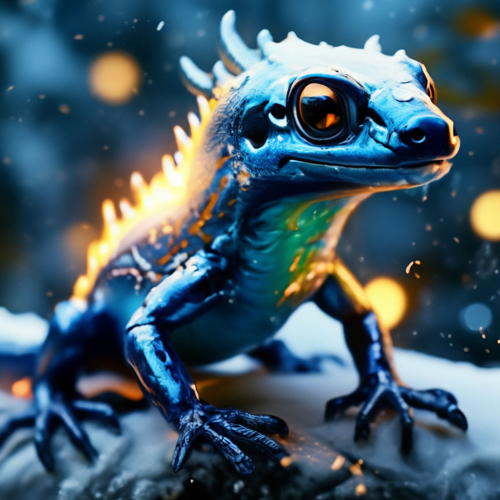"Epic glass salamanders, glow in the snow, night, moon, stars, frost ...