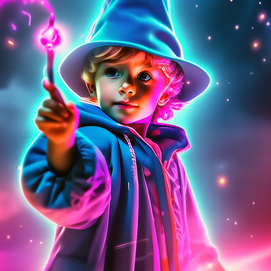 "Surrealism, a little kid wizard with a glowing wand pointing to the ...