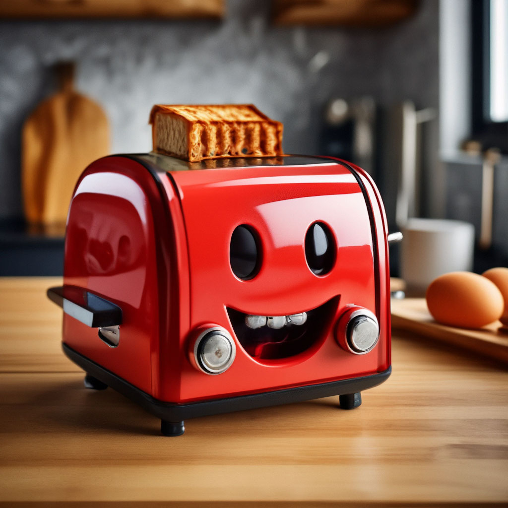 "Anthropomorphic red retro toaster spits out toast in the kitchen ...