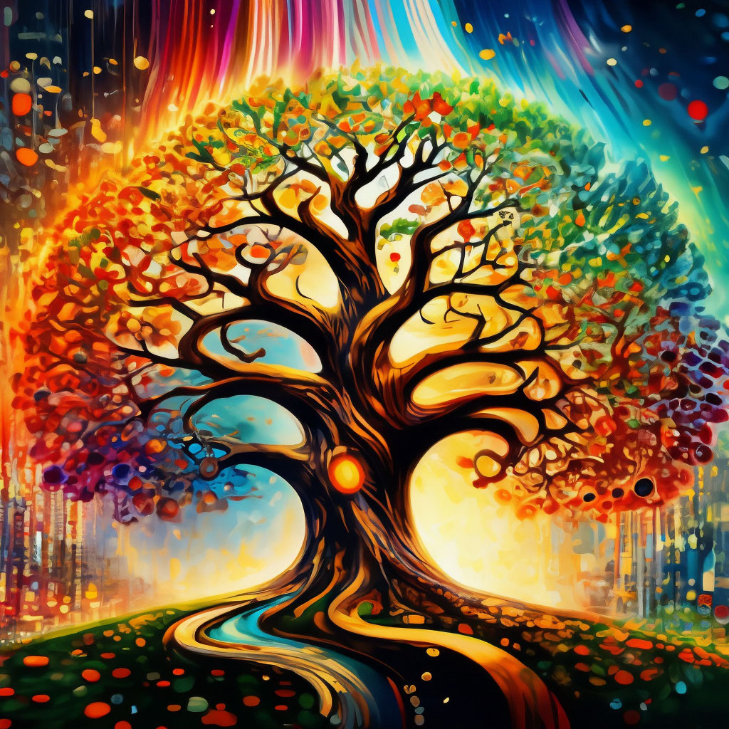 "The bizarre tree of life, bright colors, rainbow, the style of Lommers ...