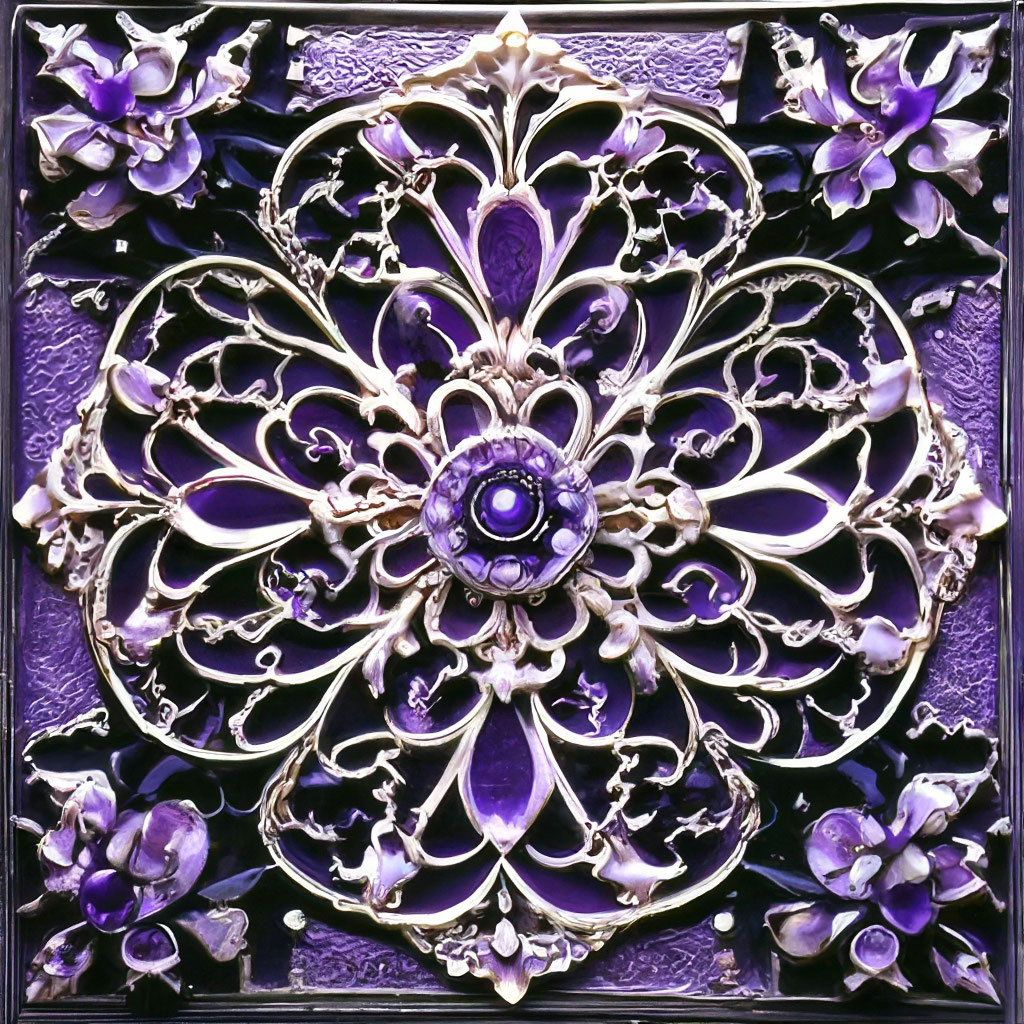 "Square medieval openwork, filigree, black lace, on purple, fire, grain ...