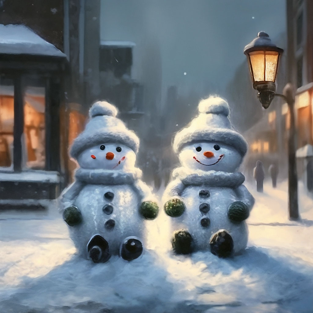 "Two knitted snowmen with a smile, glare in their eyes and hats are ...