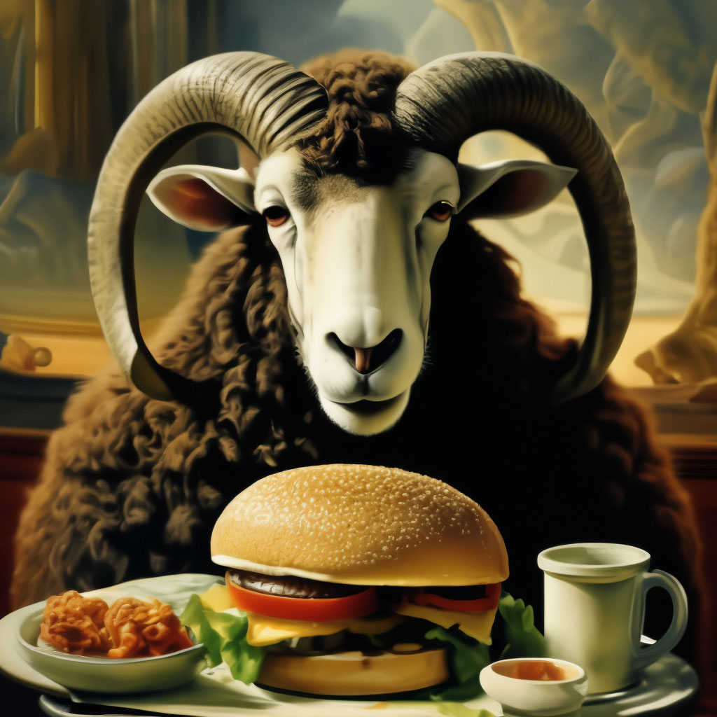 "A ram eats a hamburger" — image created in Shedevrum