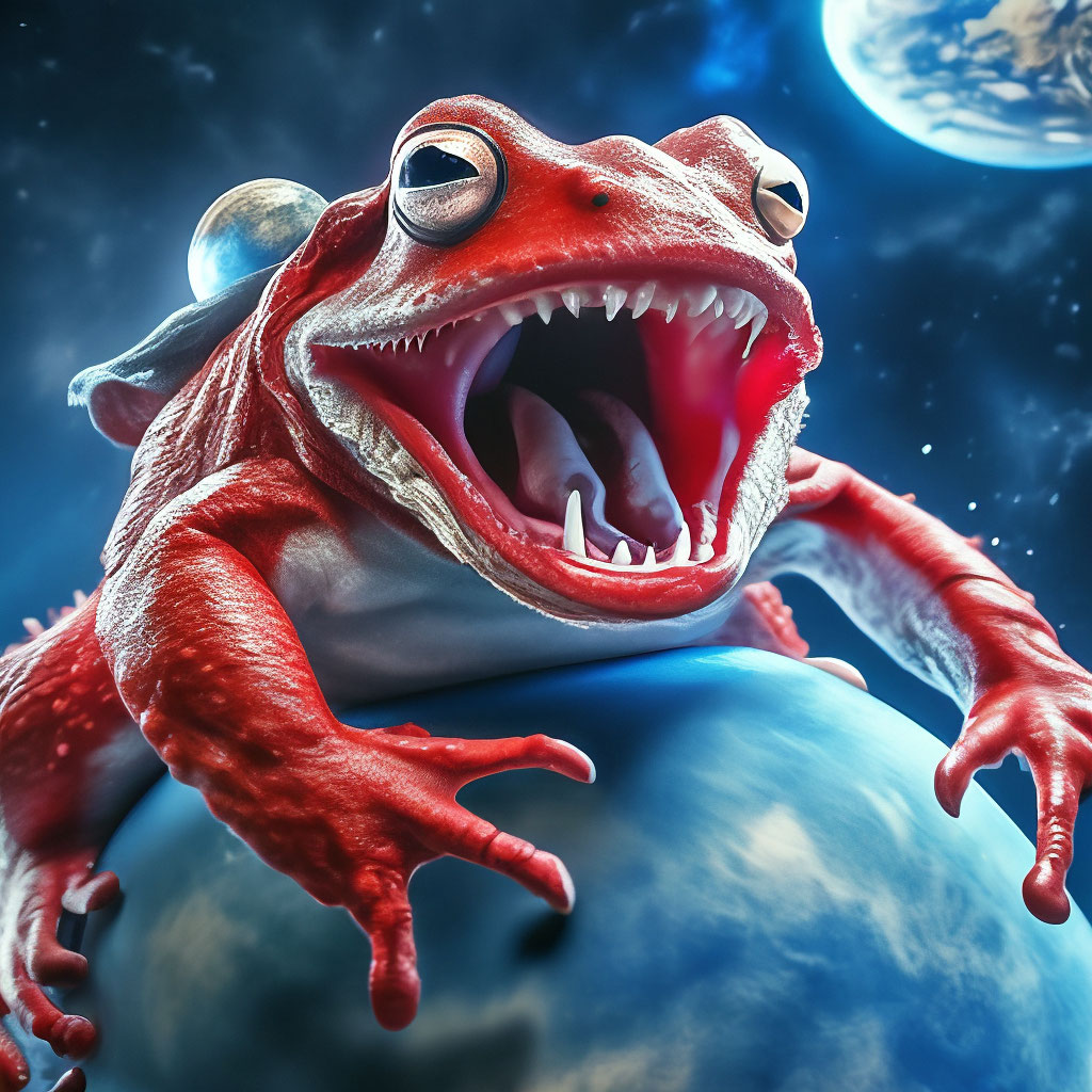 "Fluffy red angry saber-toothed frog in space eats a blue planet ...