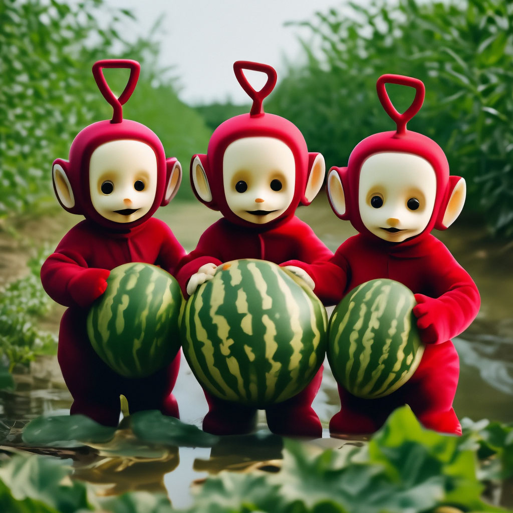 "Teletubbies collect watermelons" — image created in Shedevrum