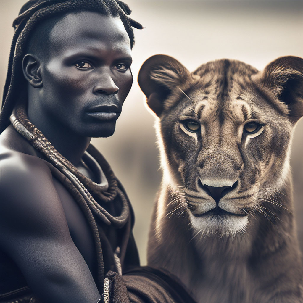 "A man from an African tribe with a lioness, savannah,professional ...